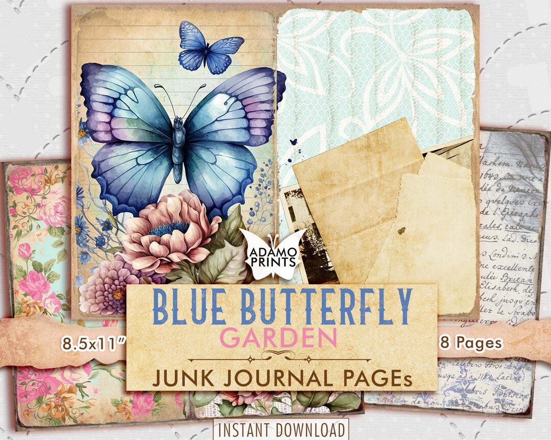 Blue Butterfly Garden Junk Journal Pages, Butterfly Journal Kit ...