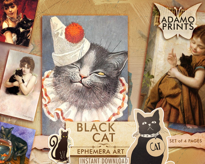 Black Cat Digital Collage Sheet Vintage Cat Ephemera - Etsy