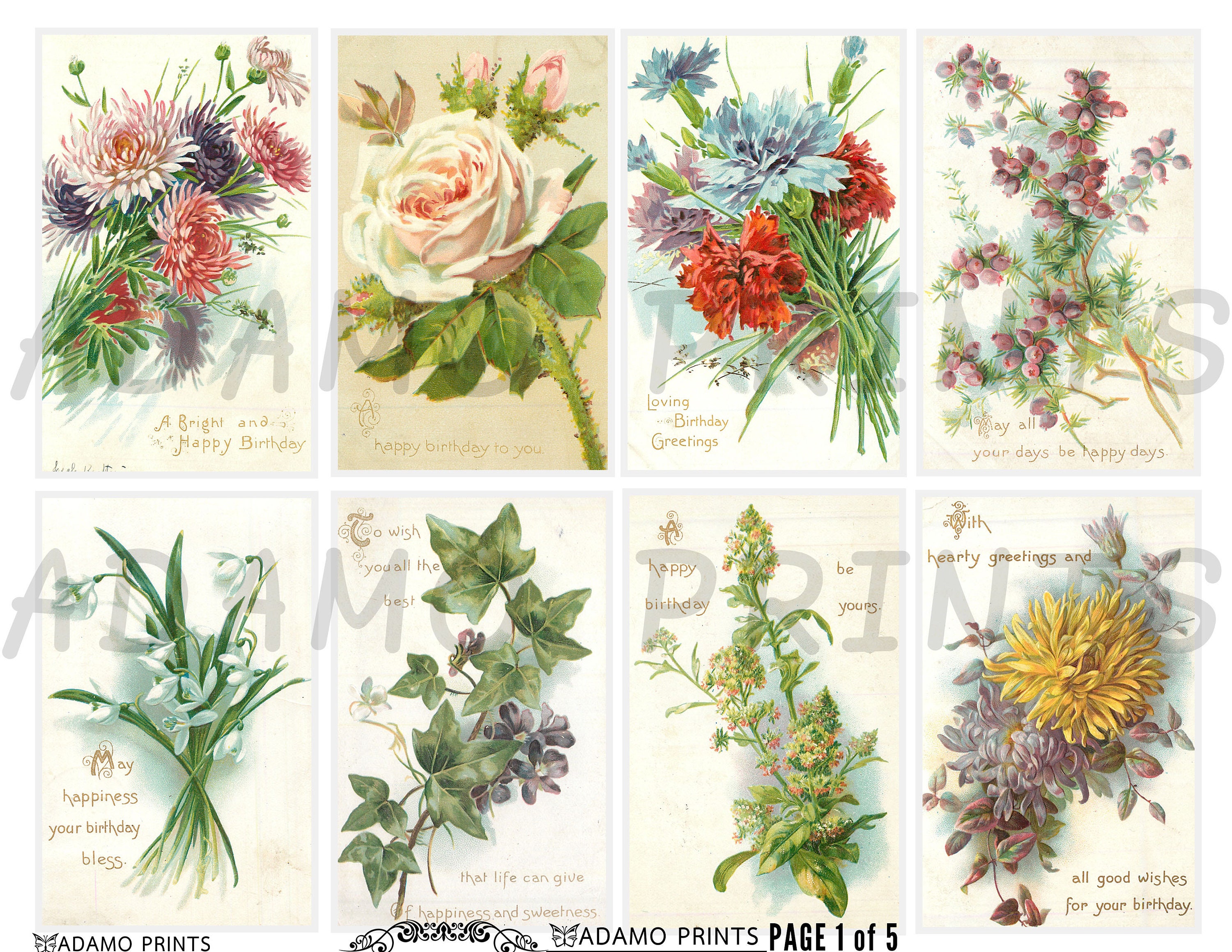 Birthday Postcards Digital Set1 Birthday Flower ATC - Etsy