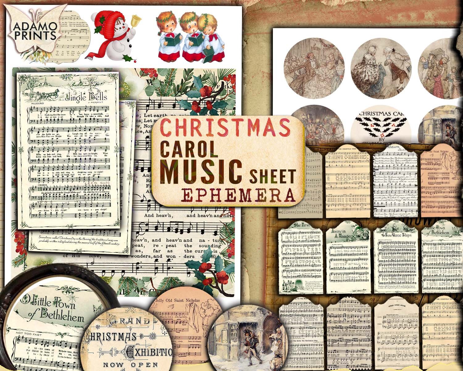 Christmas Carol Music Sheet, Tags, Labels, ATC Cards, Embellishments ...