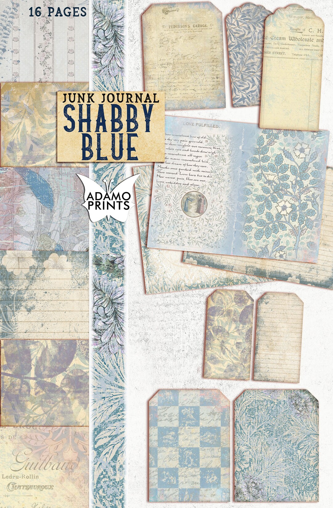 Shabby Blue, Junk Journal Kit, Journal Page, Collage Sheets, Botanical ...