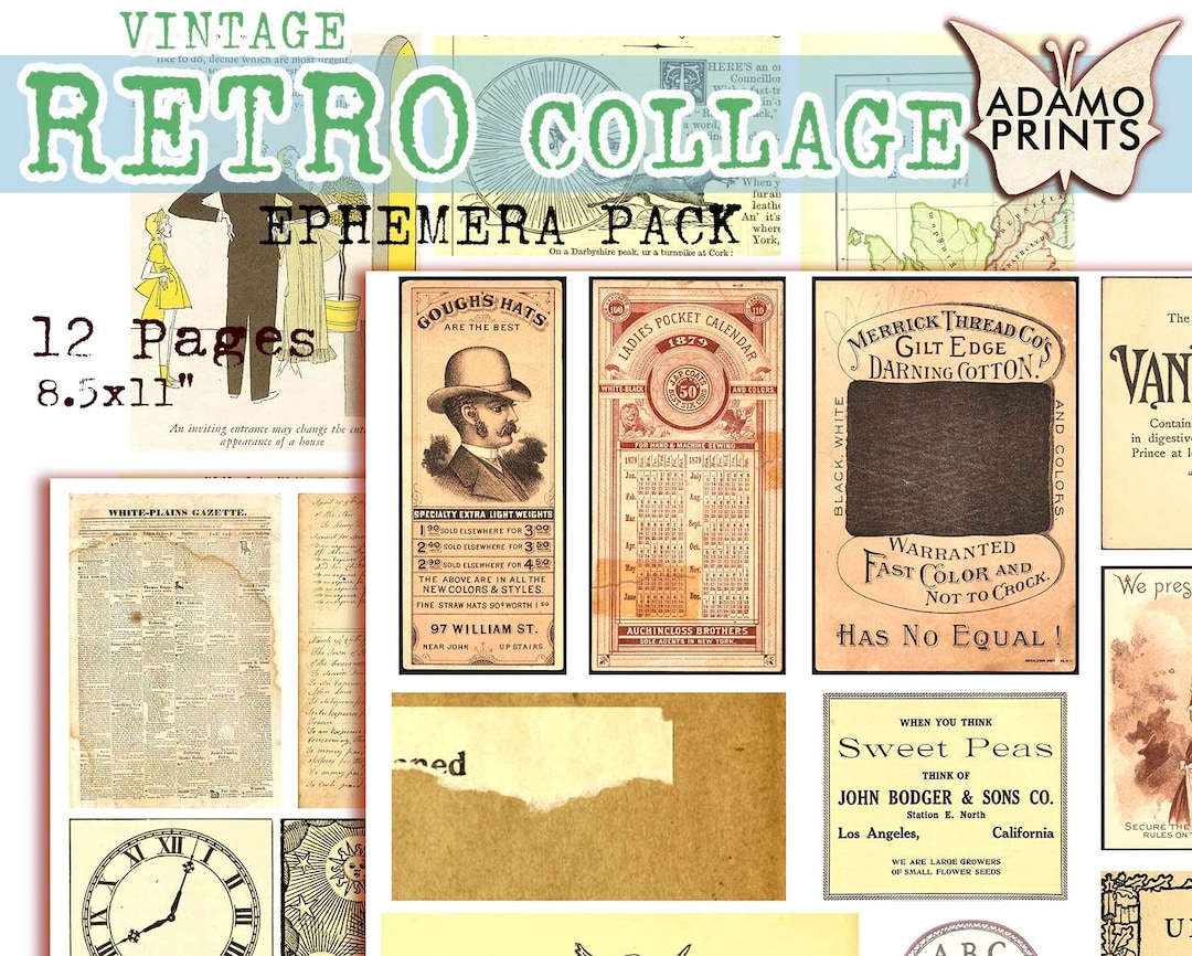 Vintage Retro Collage, Ephemera Pack, Printable Image, Junk Journaling ...