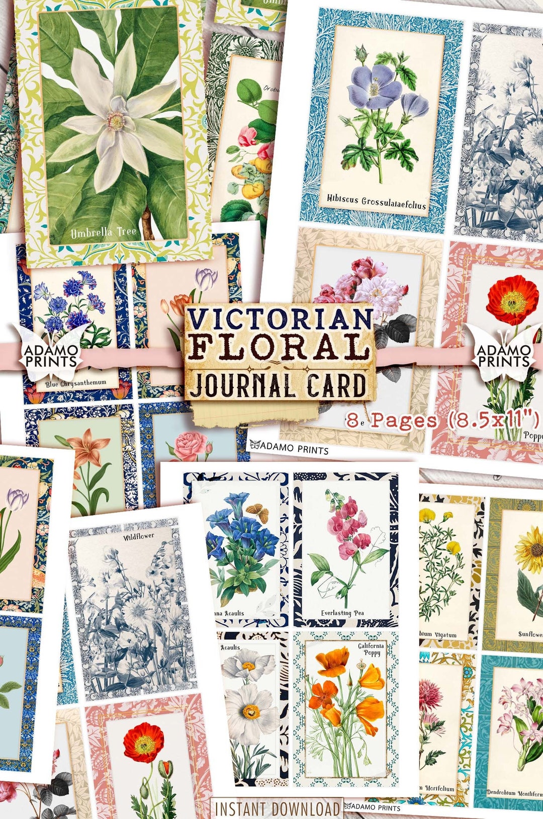 Victorian Floral Journal Card, Vintage Pattern Card, Ephemera Classic ...