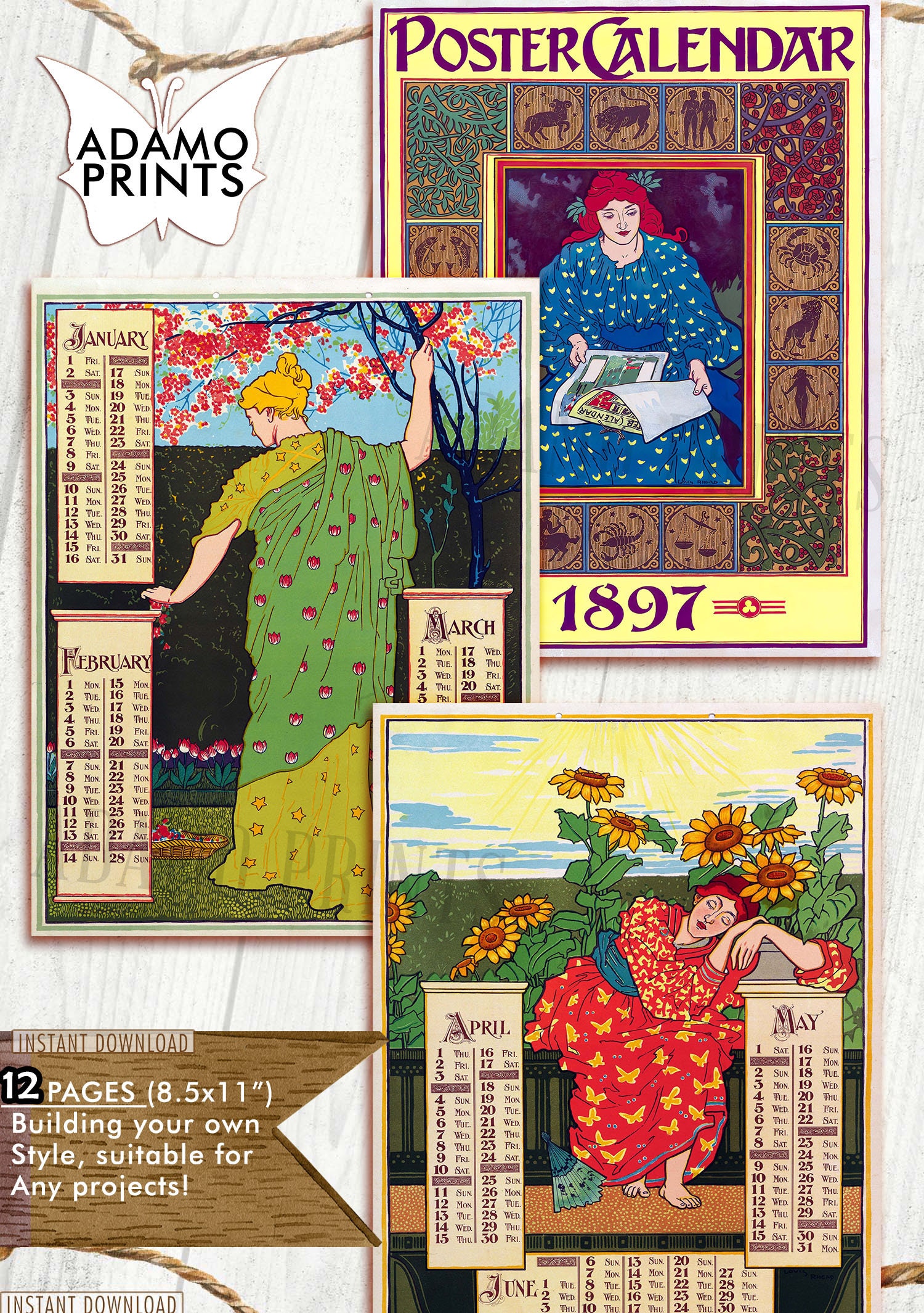 Vintage Women Calendar Art Nouveau Poster Digital Vintage - Etsy