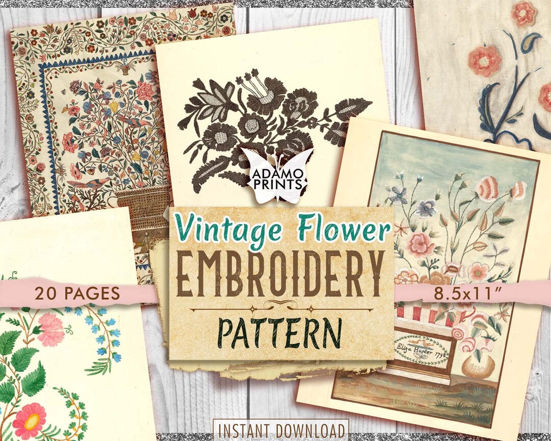 Vintage Flower Embroidery Pattern, Junk Journaling Kit, Paper for ...
