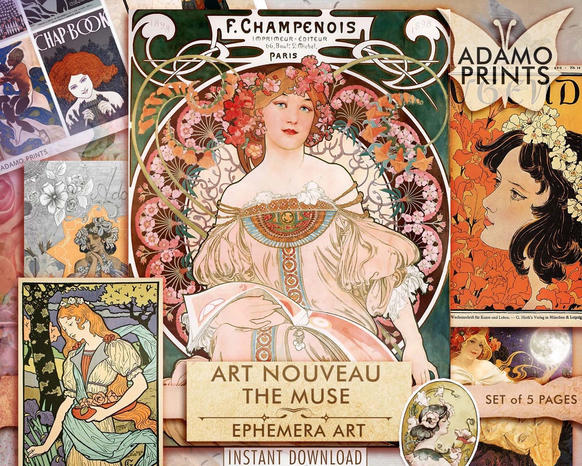Art Nouveau the Muse, Digital, Classic, Paintings, Shabby, Vintage Art ...
