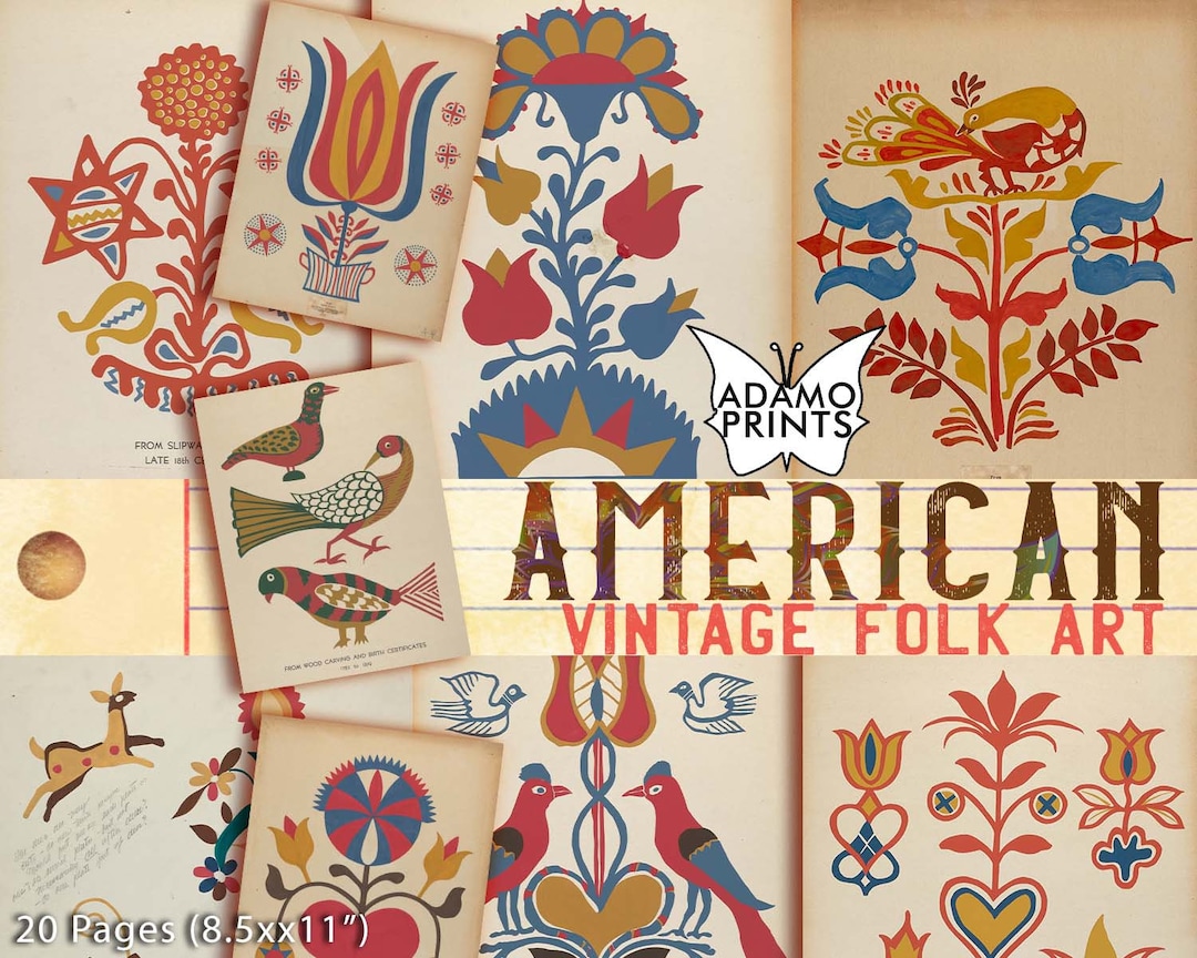 Vintage American Folk Art, Floral, Bird, Nature, Paper for Journal Kit ...