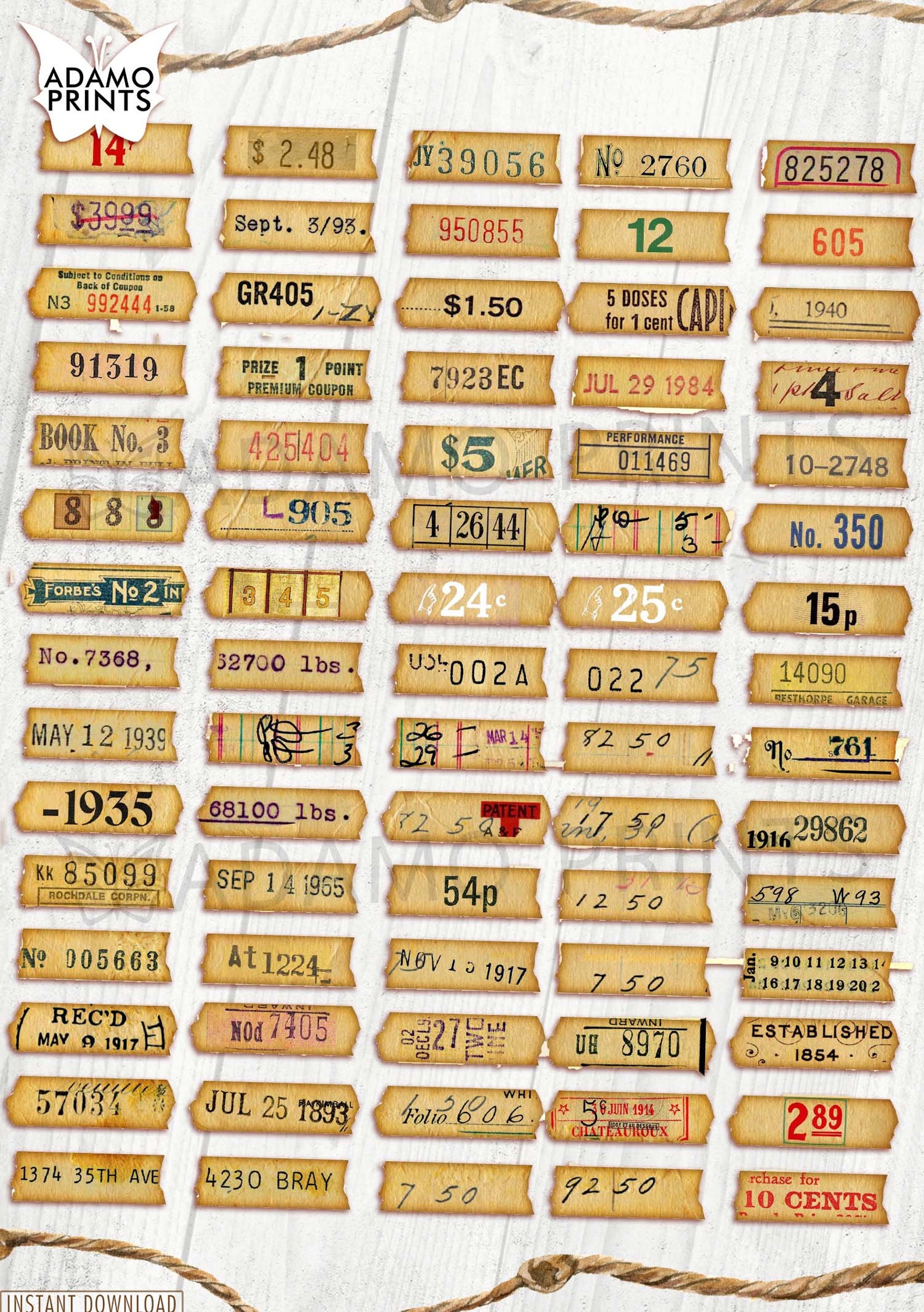 Grunge Number Label Kit, Ephemera Number, Junk Journaling Digital ...