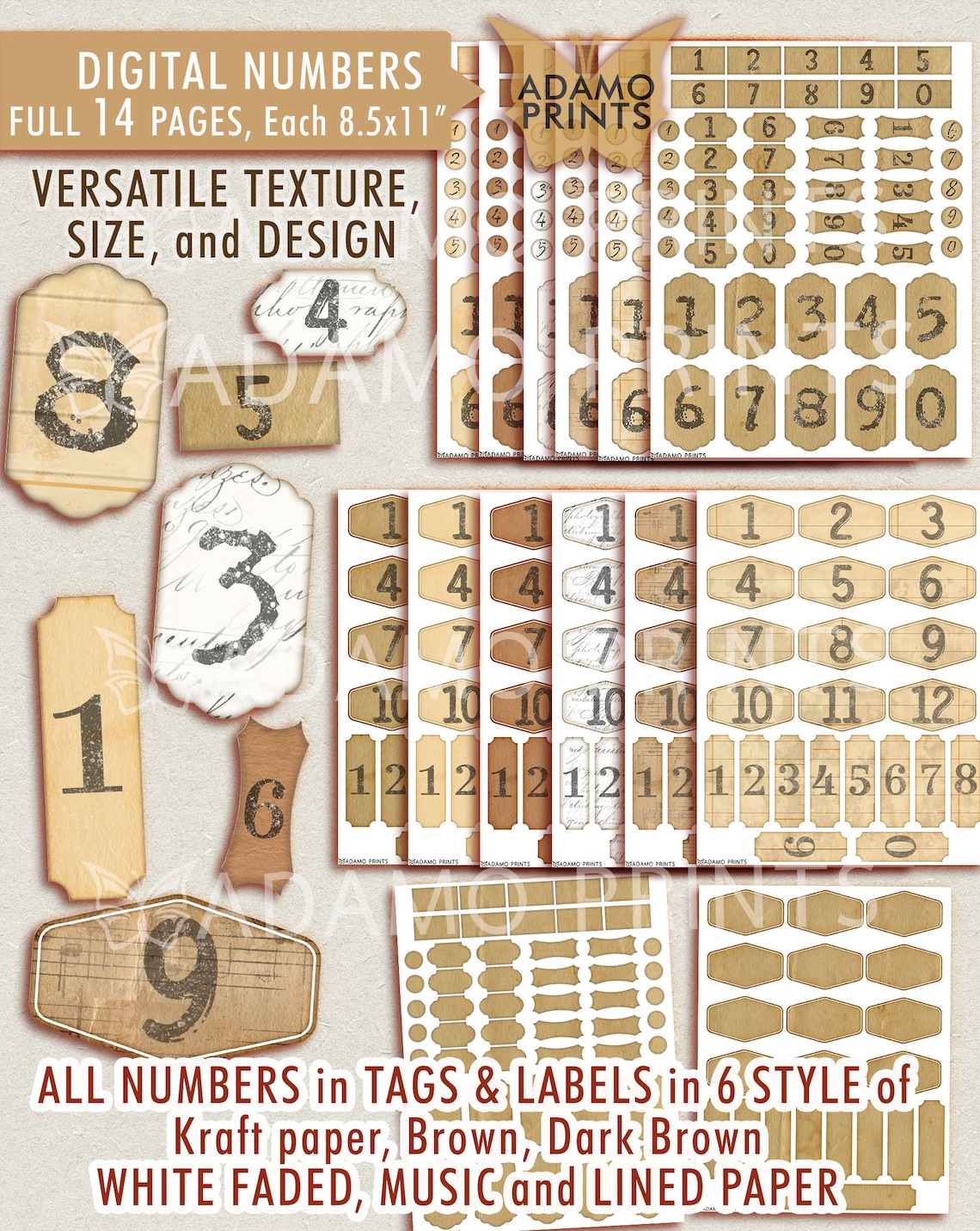 Digital Numbers, Number Labels, Tags, Grunge, Journal Embellishment ...