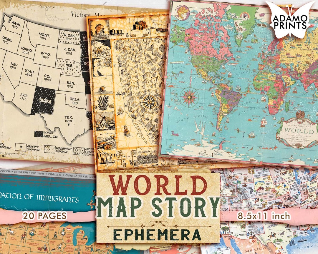 World Map Story, Vintage Map, Journal Page, Grunge, Junk Journal Kit ...