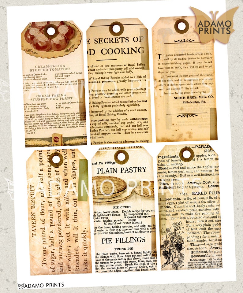 Aged Recipe Tags Printable Vintage Tag Collage Sheet | Etsy