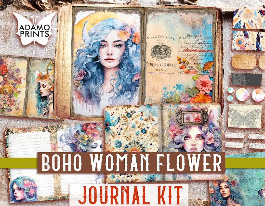 Boho Woman Flower Garden Journal Kit, Bohemian Journal Page, Boho ...