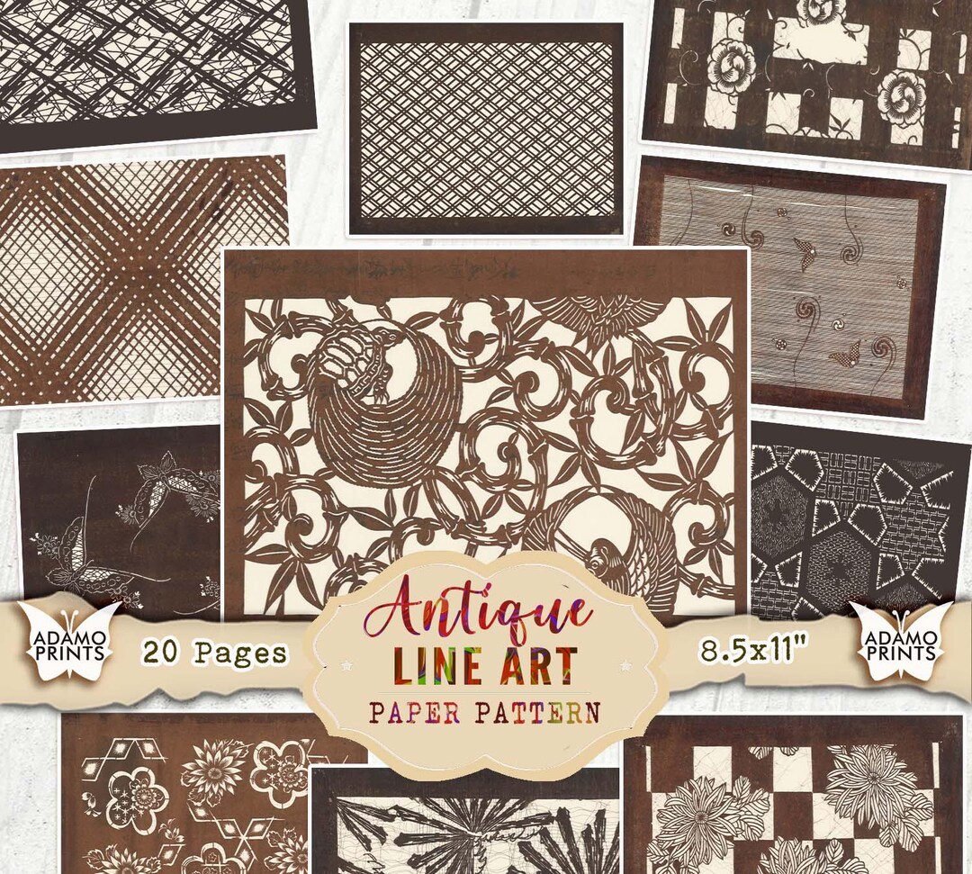 Antique Line Art Paper Pattern, Vintage Brown Printable Paper ...
