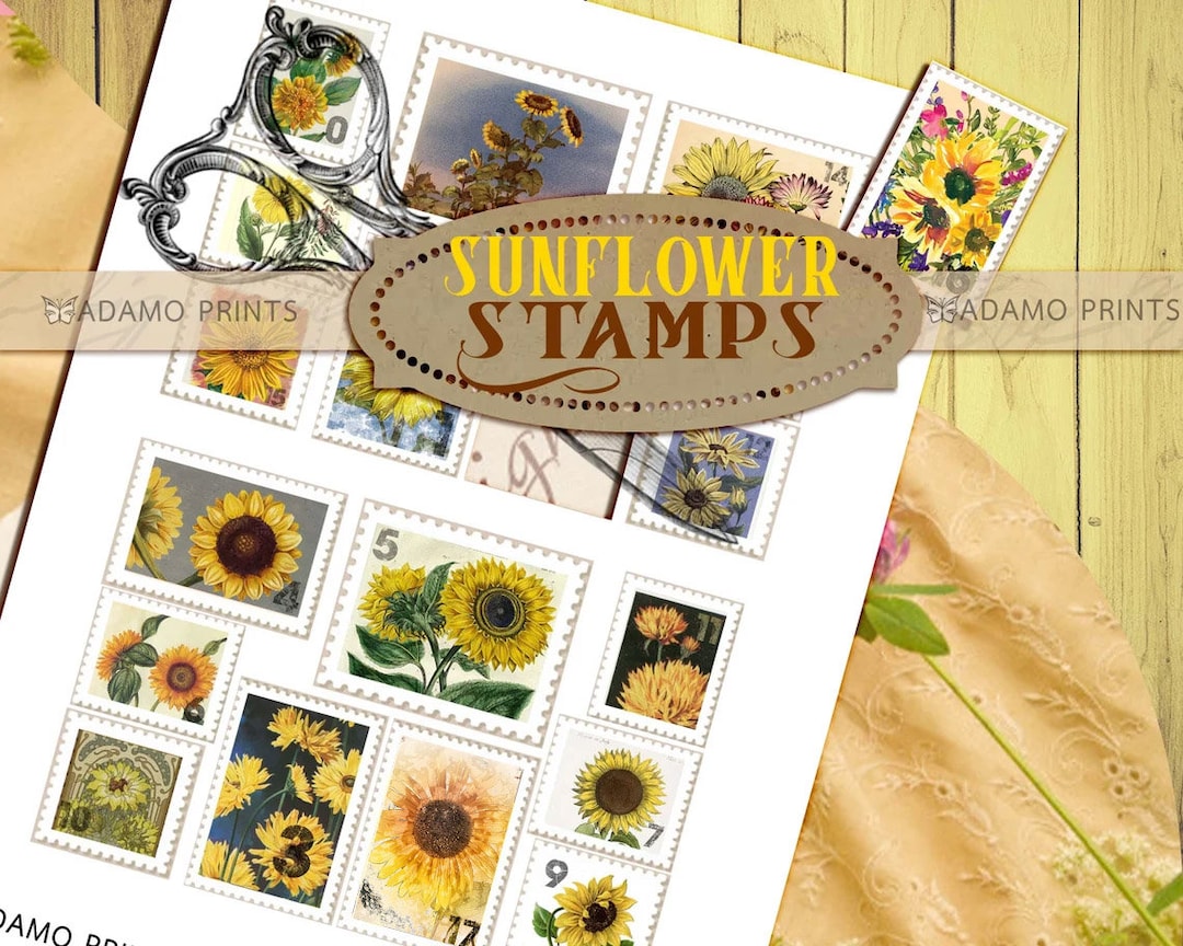 Sunflower Stamps, Faux, Sunflower Digital Kit, Ephemera, Collage ...