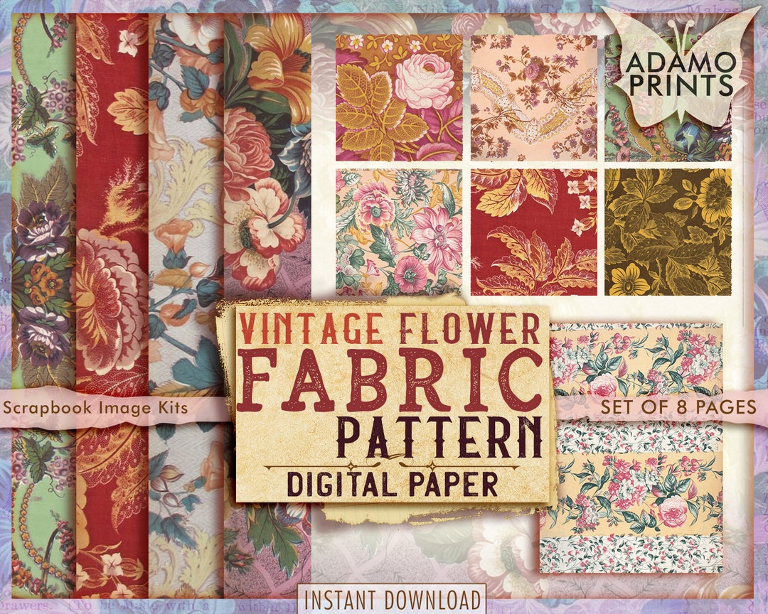 Vintage Flower Fabric Pattern, Digital Paper, Flower, Bird, Brown ...