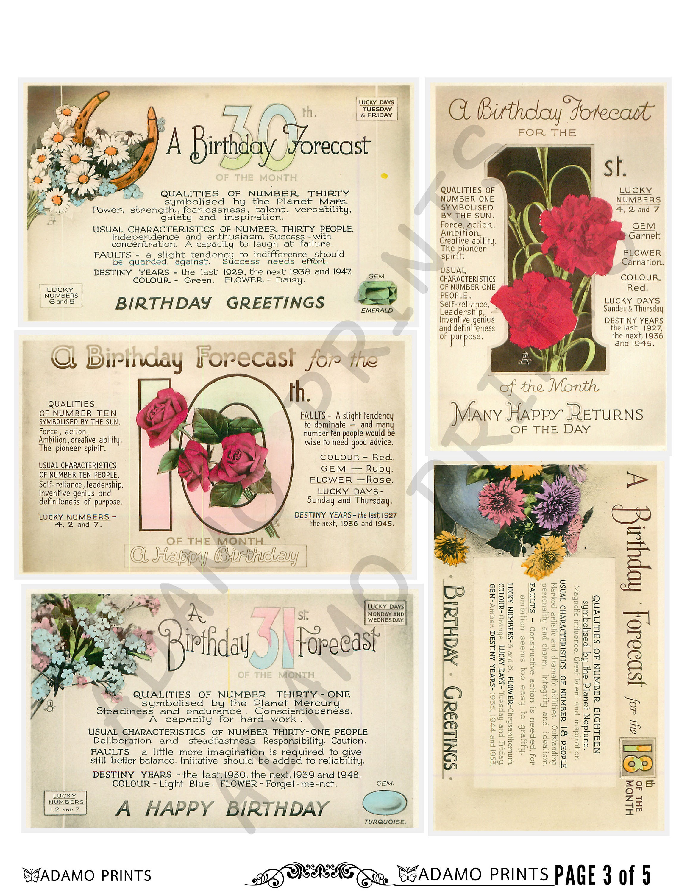 Birthday Postcards Digital Set1 Birthday Flower ATC - Etsy