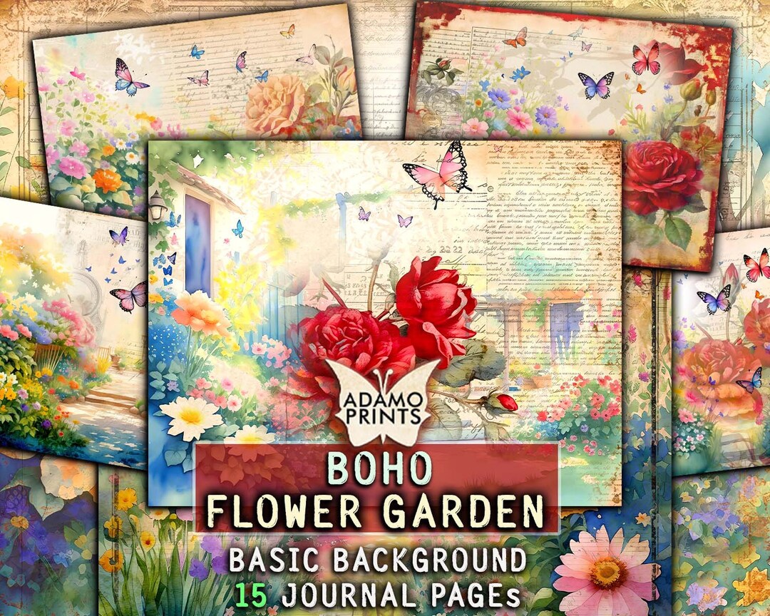 Basic Boho Flower Garden Junk Journal Kit, Digital Paper Background for ...