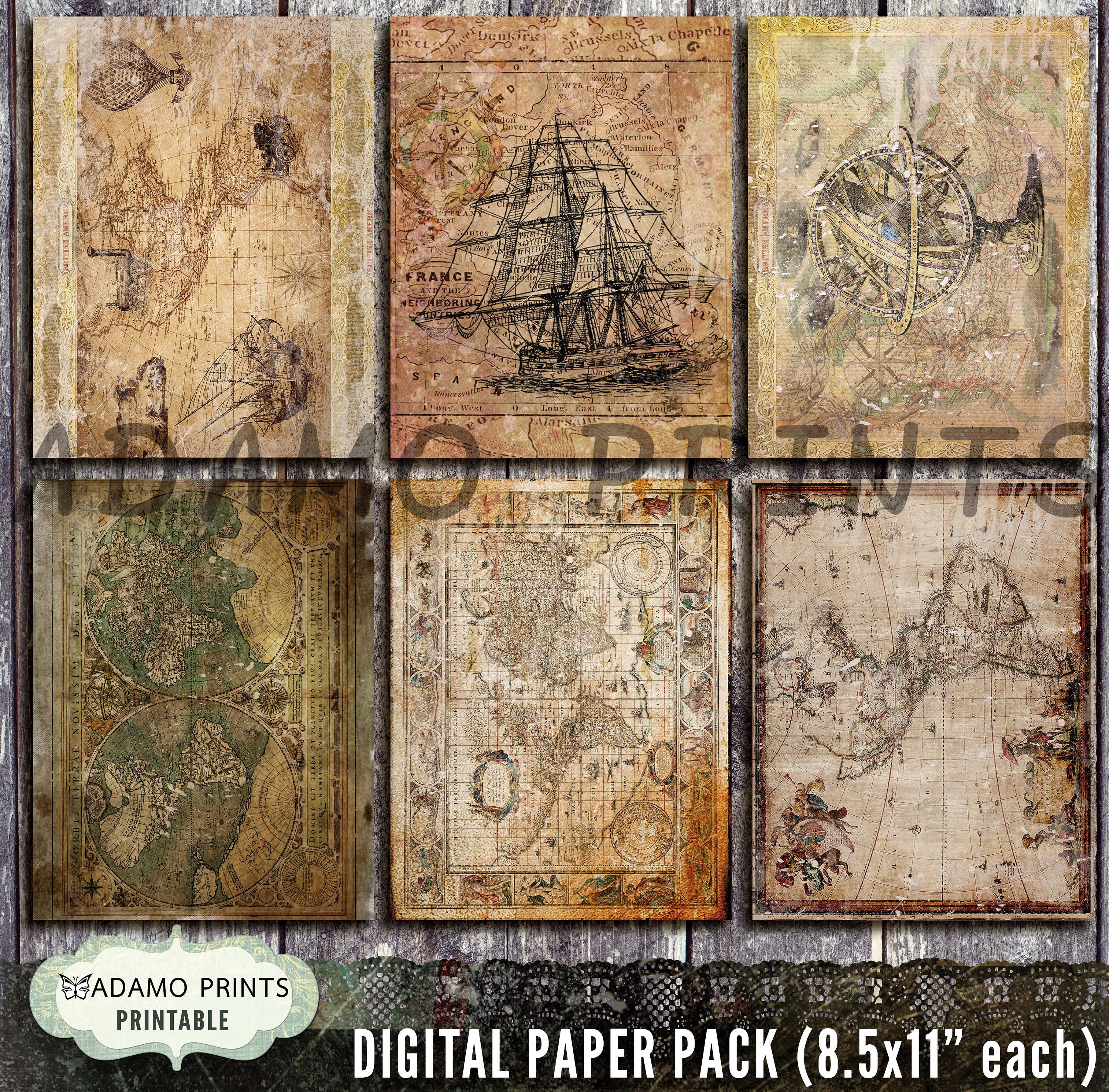 Vintage Map, Antique Map Paper Pack, Digital, Grunge, World Map, Travel ...