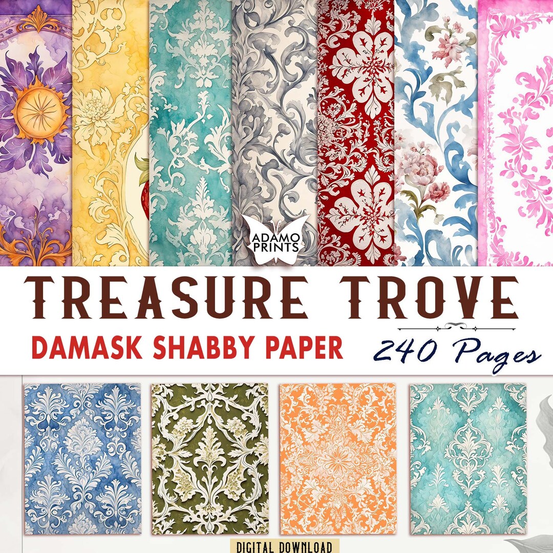 Treasure Trove BUNDLE Damask Shabby Paper Junk Journal Paper, Vintage ...