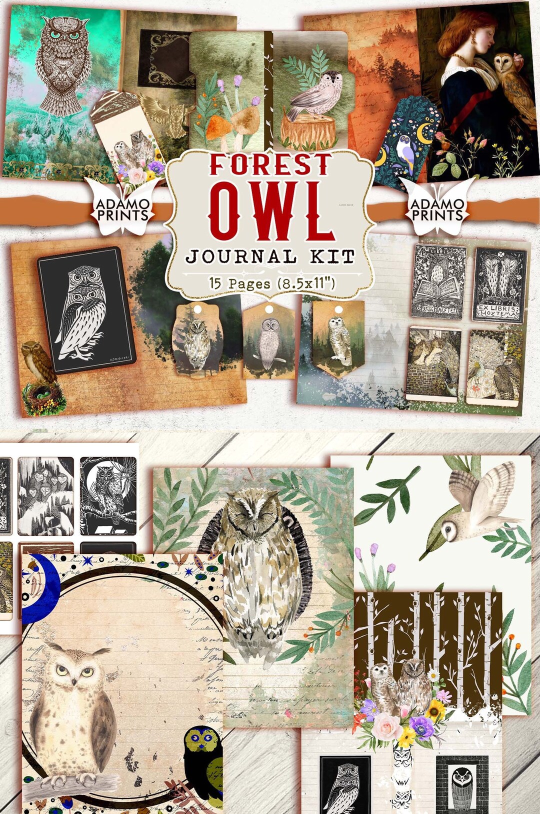 Forest Owl Journal Kit, Blank & Lined Page, Woodland, Collage Sheets ...