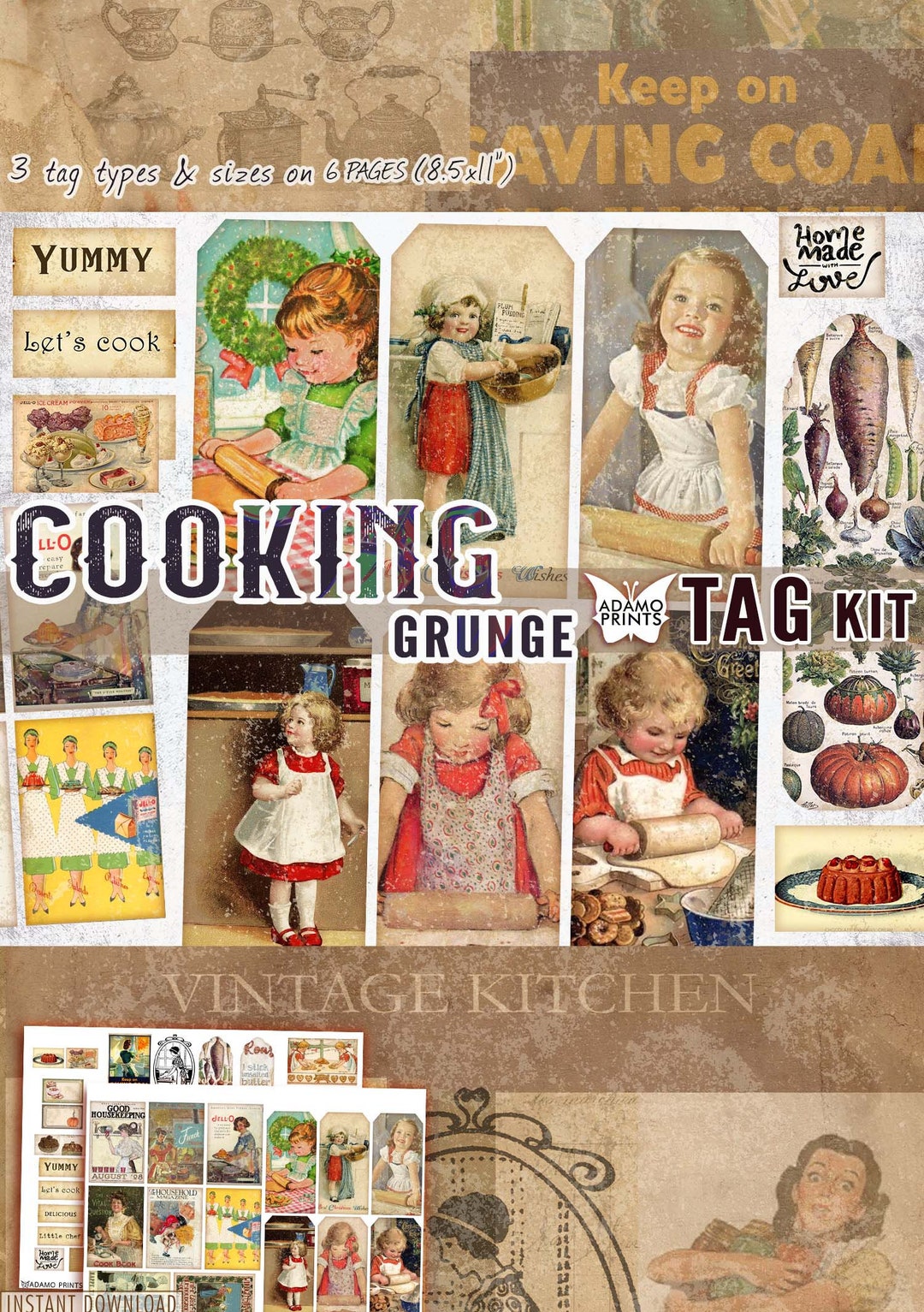 Cooking Grunge Tag Kit, Digital Tag, Ephemera Pack, Vintage Art ...