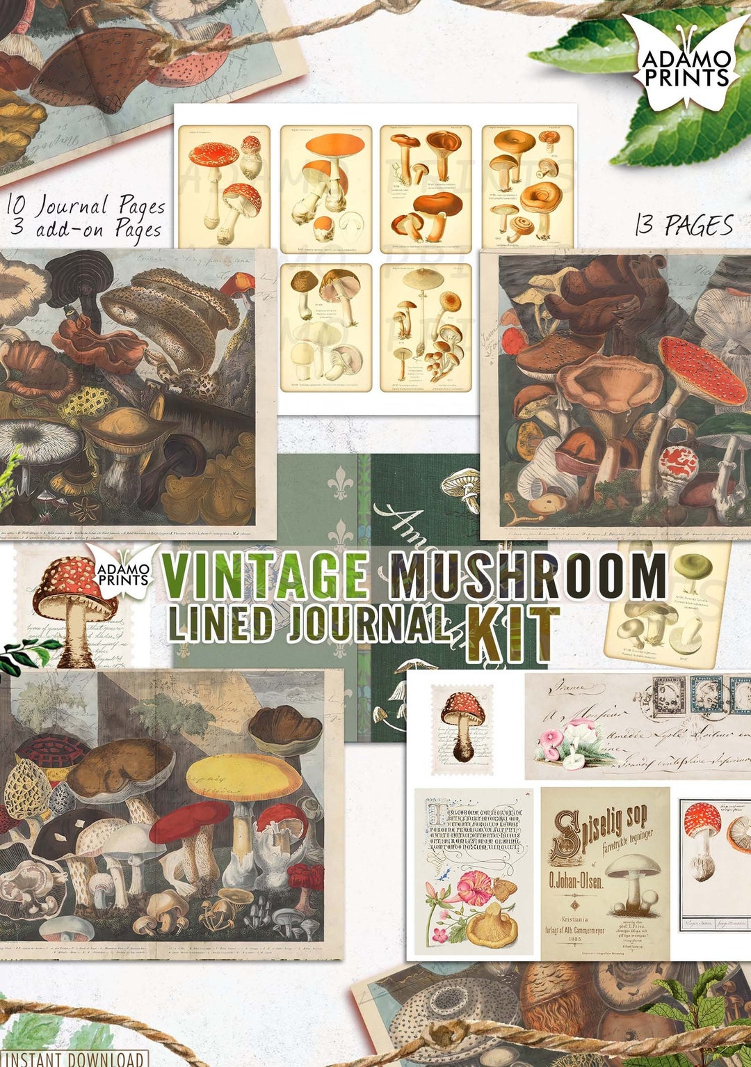 Vintage Mushroom Journal Kit, Junk Journal Page, Printable Mushrooms ...