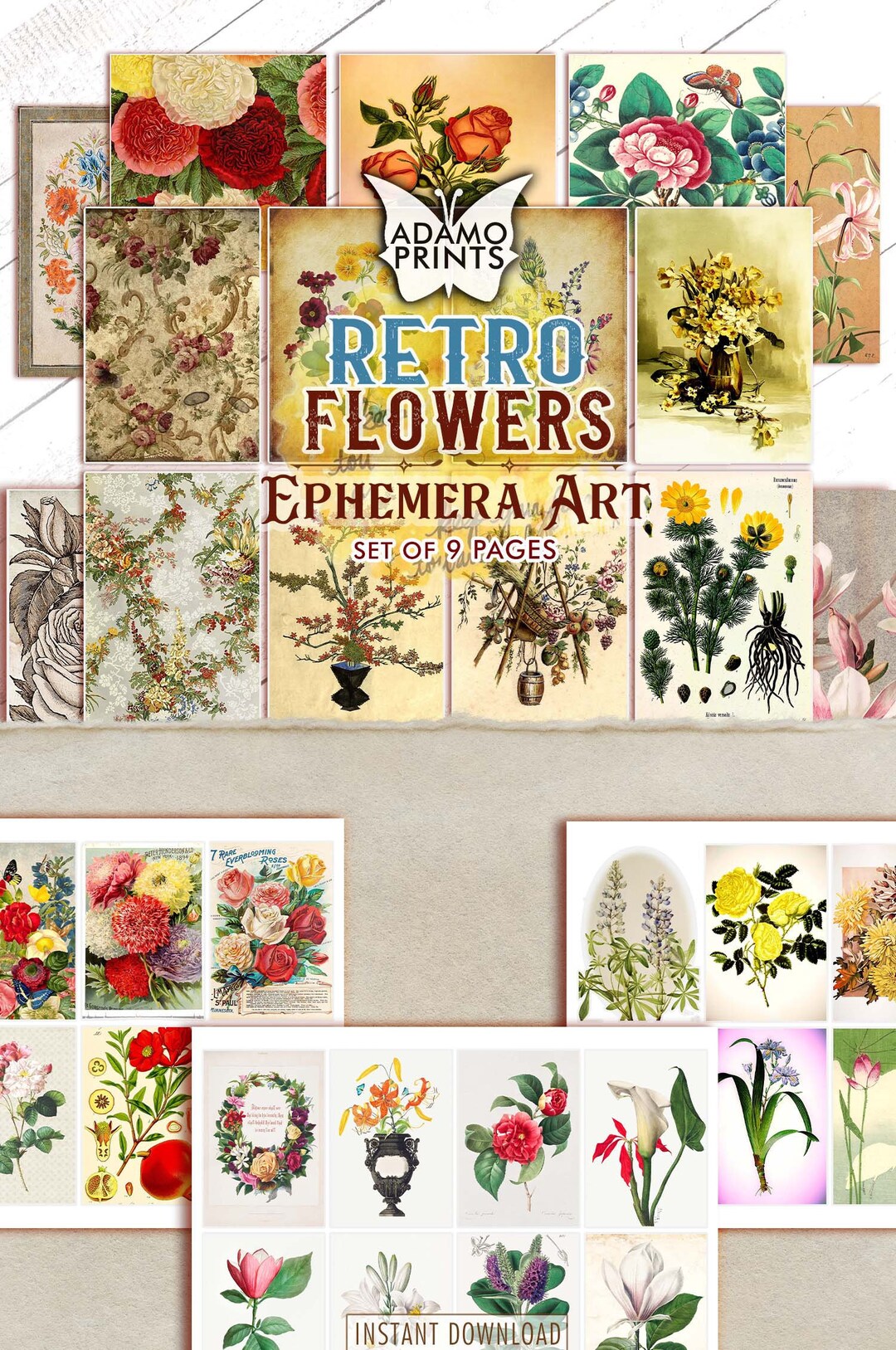 Retro Flowers, Wildflower Digital, Digital Ephemera, Scrapbook, ATC ...