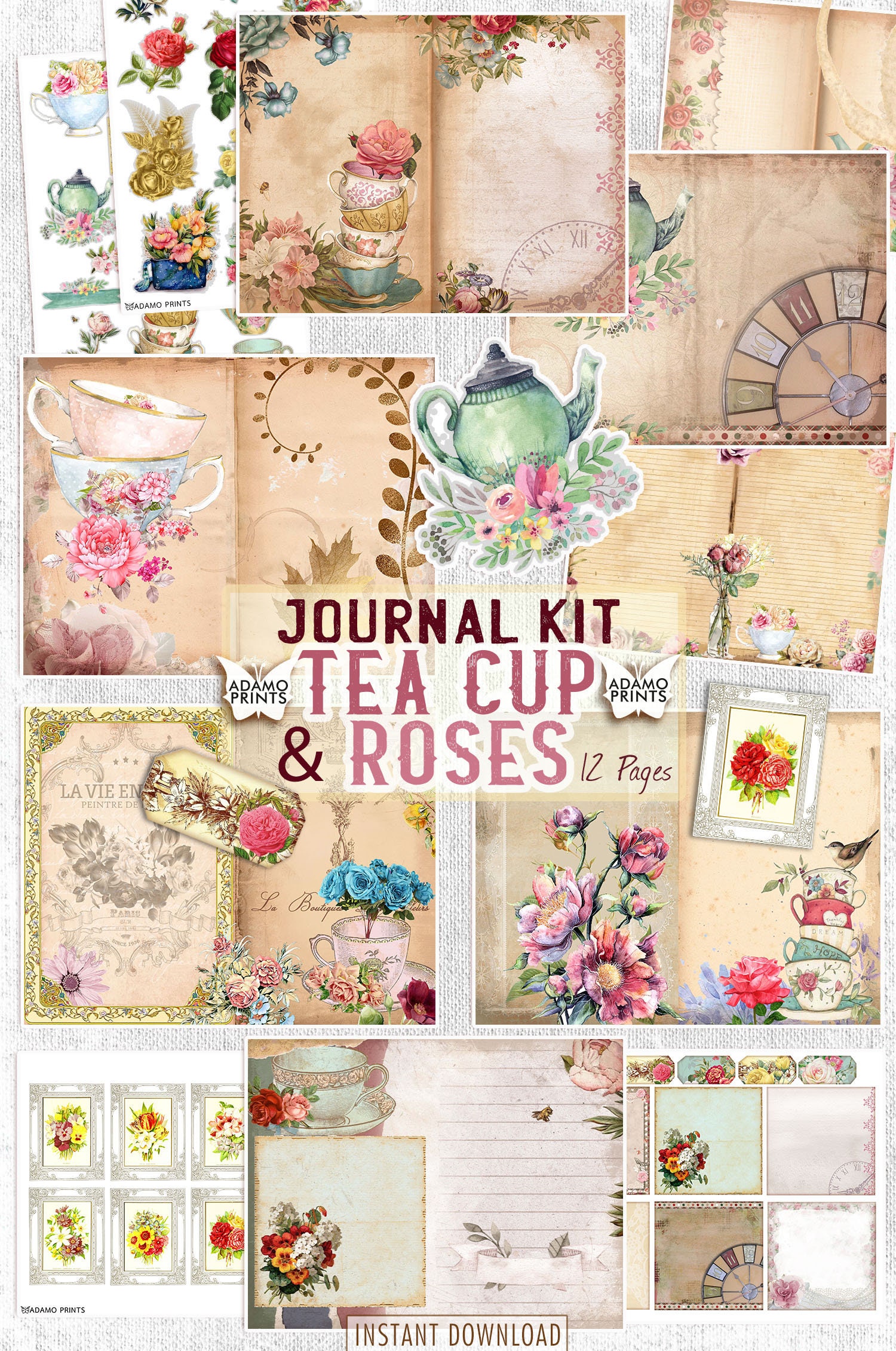 Tea Cup Roses Journal Kit Journal Page Fussy Cut Collage | Etsy