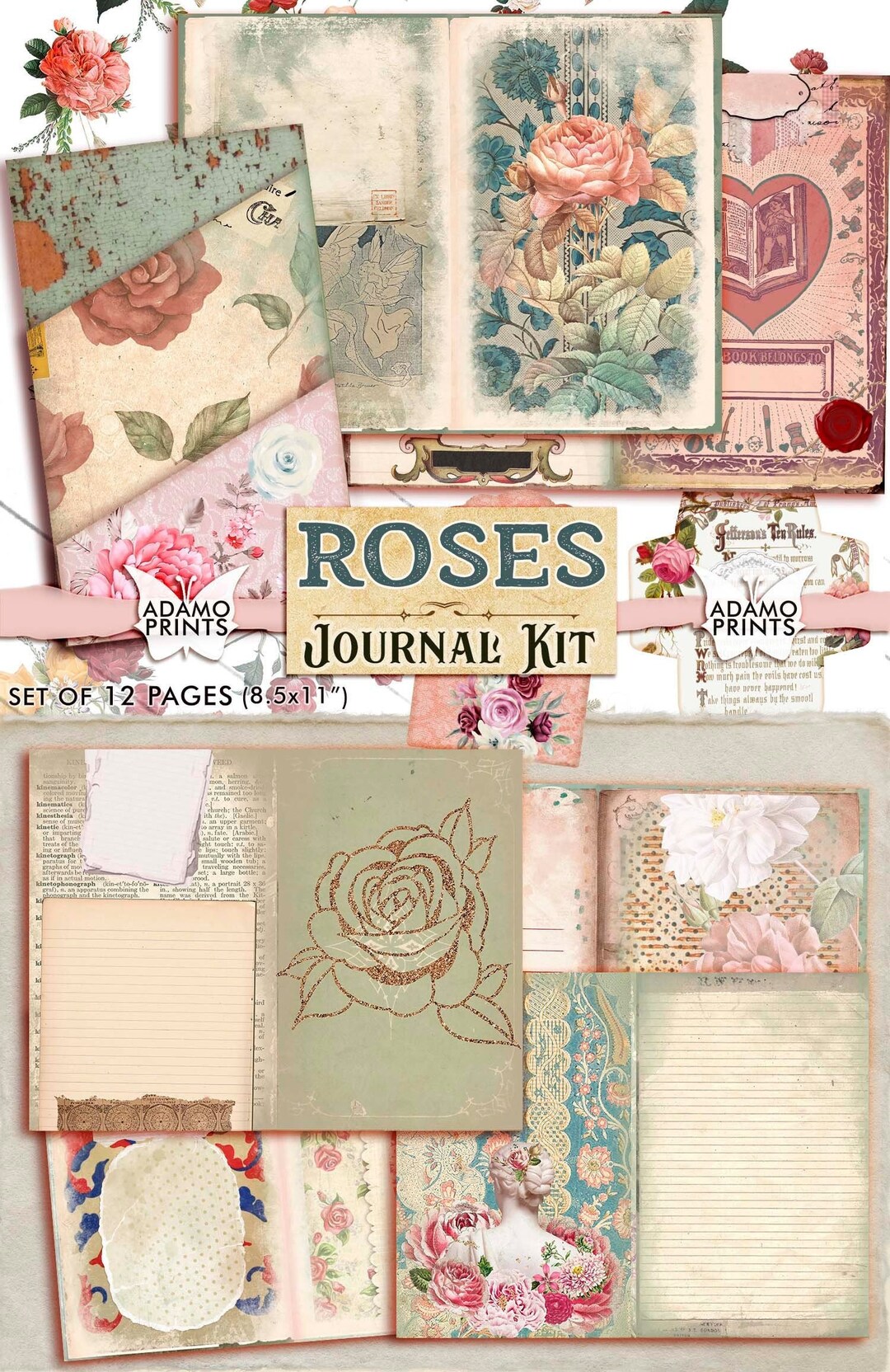 Roses Journal Kit, Journal Page, Layered Tags, Collage Sheets, Ephemera ...