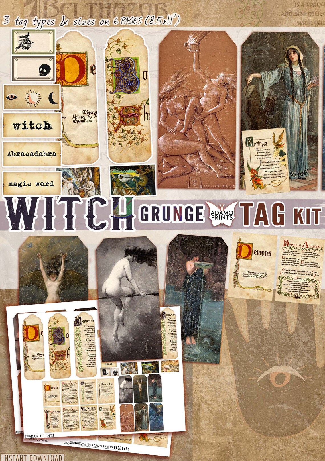 Witch Grunge Tag Kit, Digital Tag, Magic, Vintage Art, Ephemera Tag ...