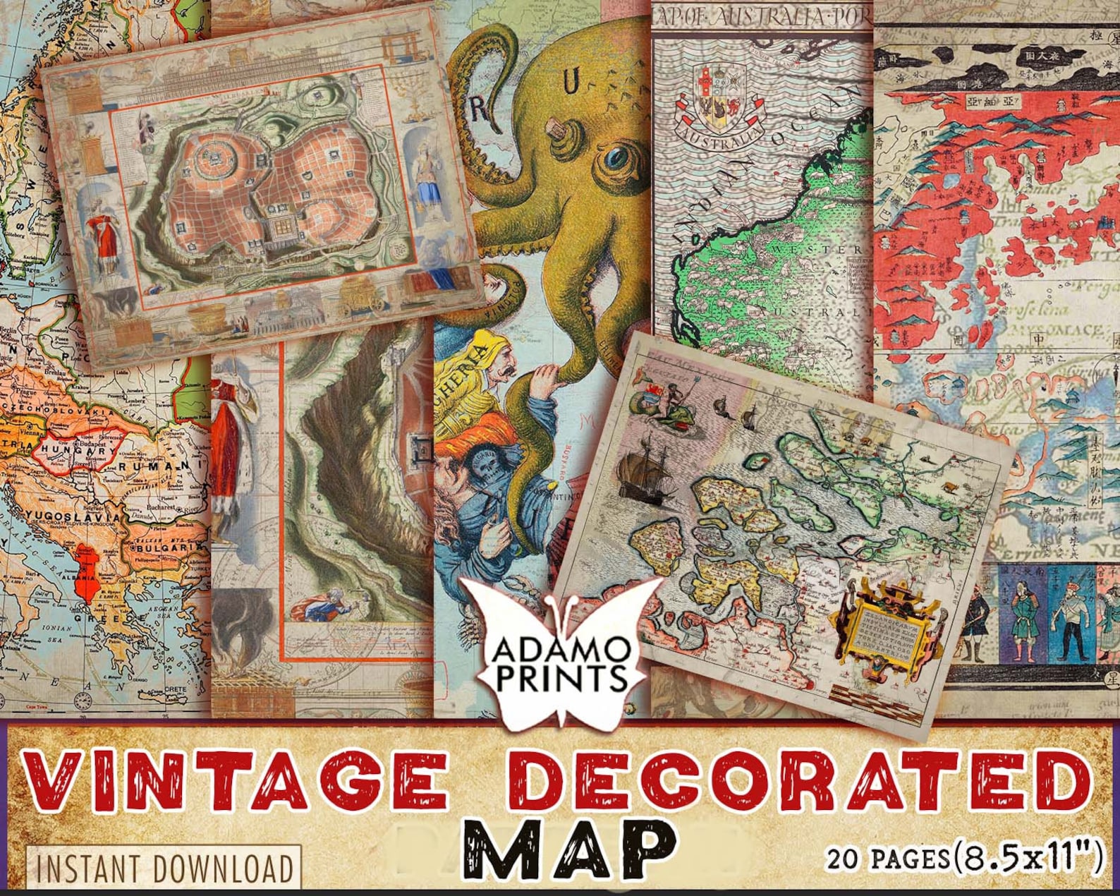 Vintage Decorated Map, Antique Map Paper Pack, Digital, Grunge, World ...