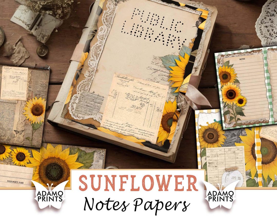 Sunflower Notes Papers Digital Paper, Vintage Sunflower Junk Journal ...