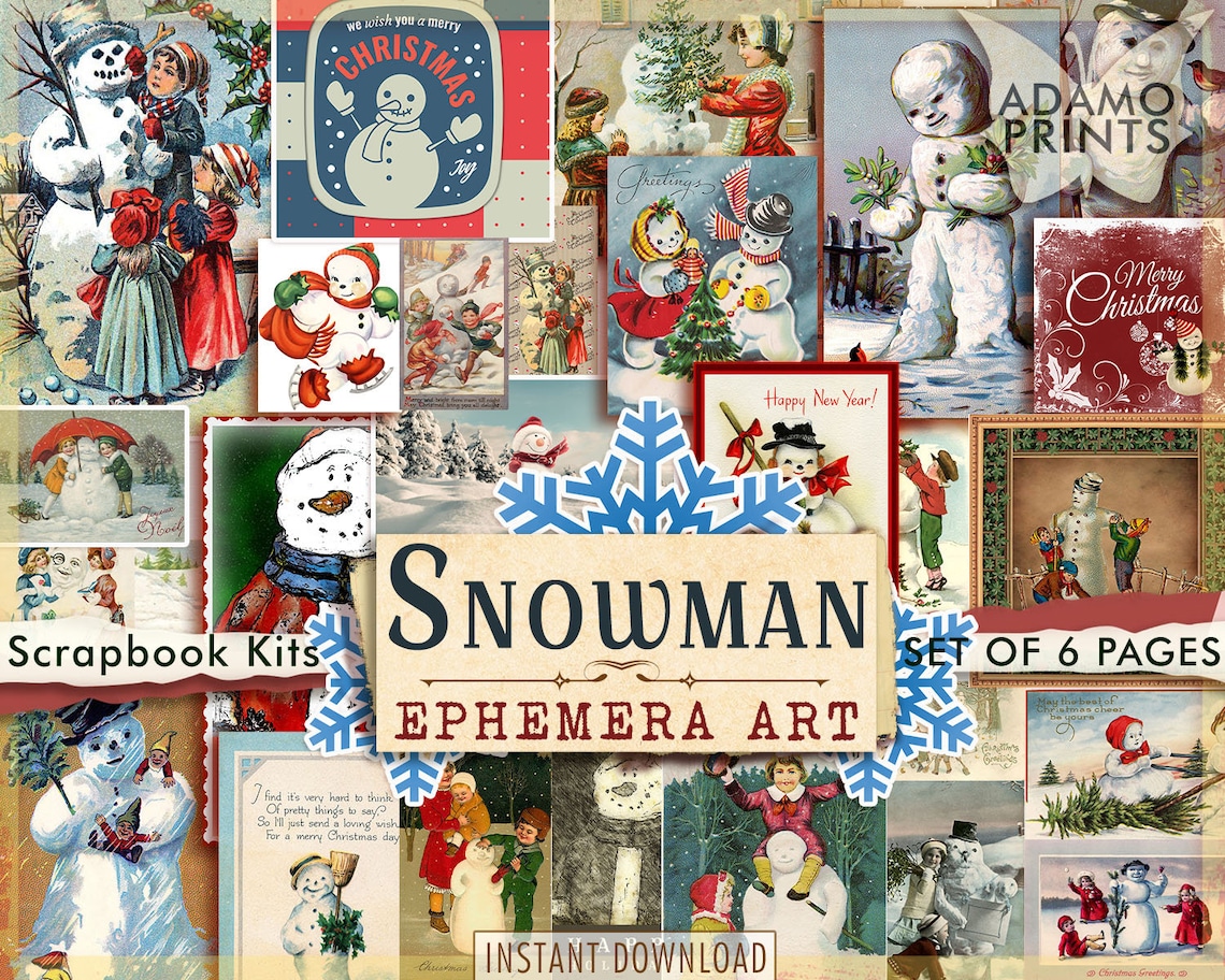 Snowman Digital Vintage Art December Christmas Collage - Etsy