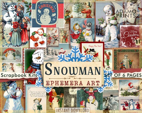 Snowman Digital Vintage Art December Christmas Collage | Etsy