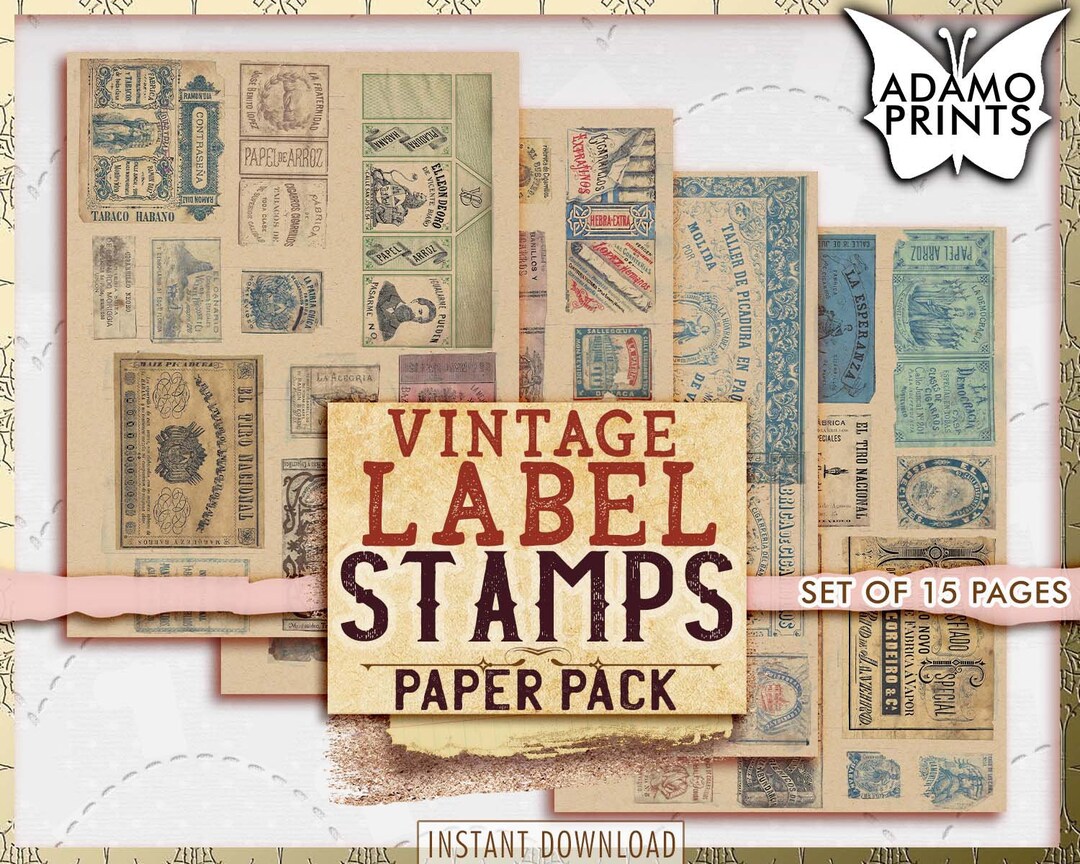 Vintage Label Stamps Paper Pack, Junk Journaling Kit, Collage Papers ...