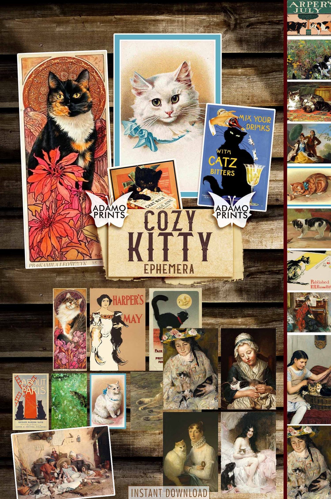 Cozy Kitty, Digital Cat, Ephemera Kit, Cards, Printable Images, Vintage ...