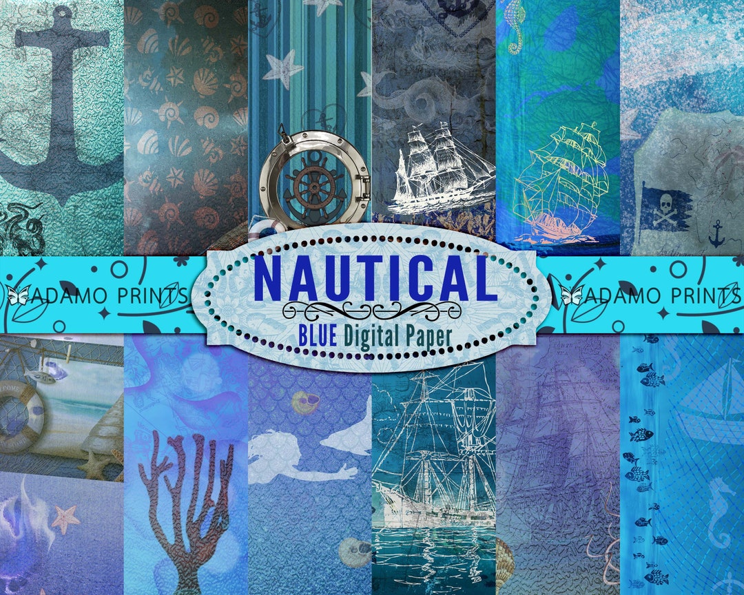 Nautical Blue Digital Paper, Ocean, Sea, Shell, Mermaid, Sea Digital ...
