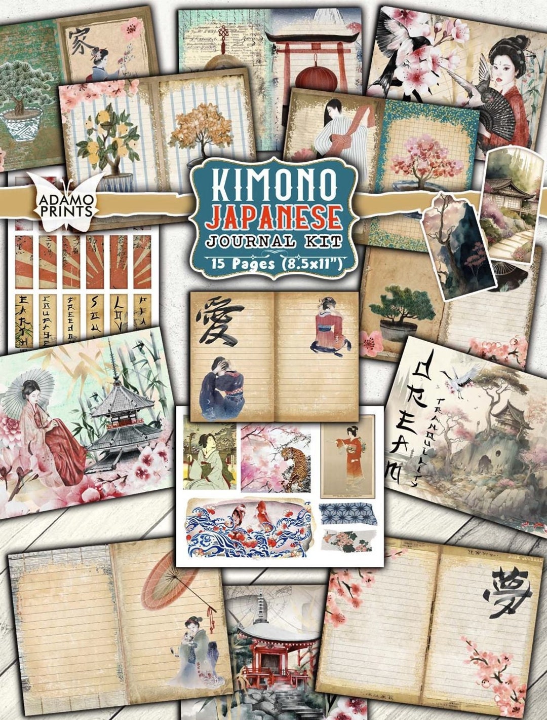 Japanese Women Kimono Journal Kit, Journal Page, Asian Journal Pack ...