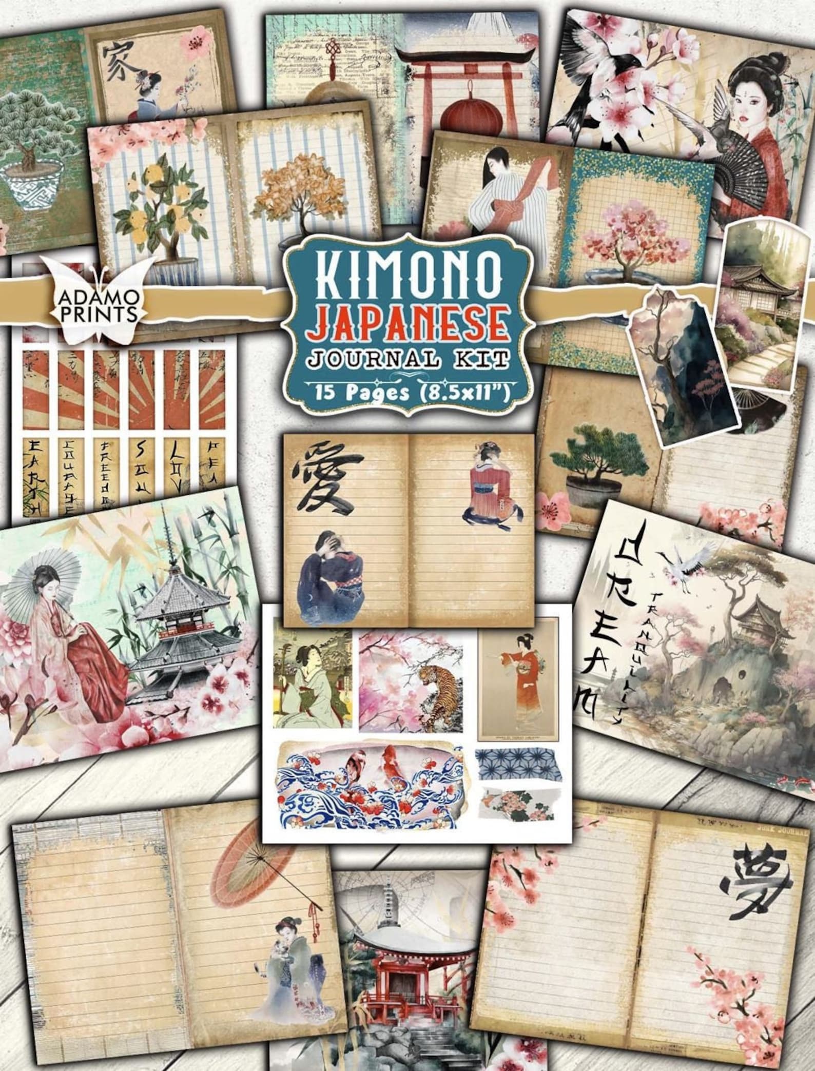 Japanese Women Kimono Journal Kit, Journal Page, Asian Journal Pack ...