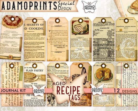Aged Recipe Tags Printable Vintage Tag Collage Sheet | Etsy