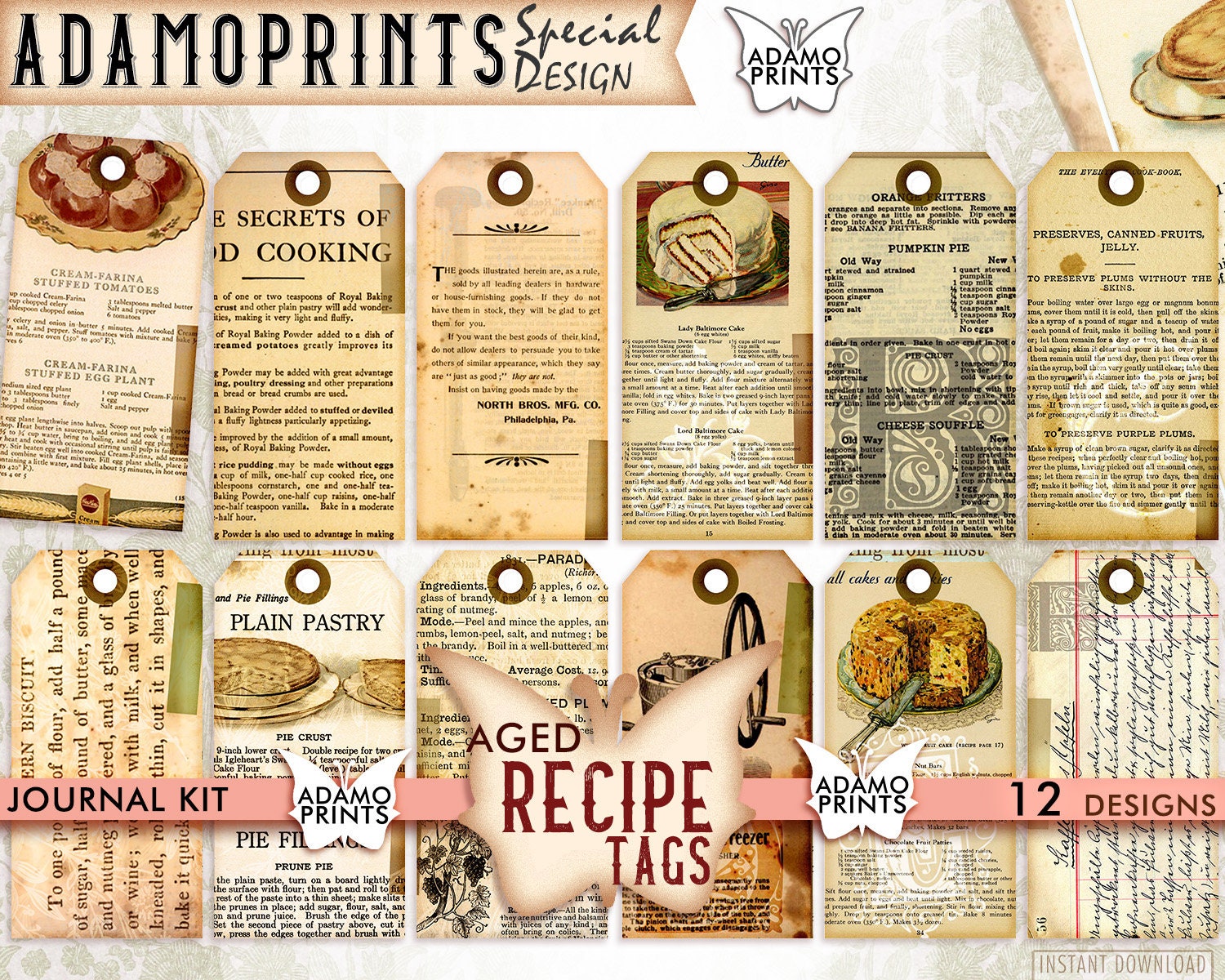 Aged Recipe Tags, Printable Vintage Tag, Collage Sheet, Ephemera Tags ...
