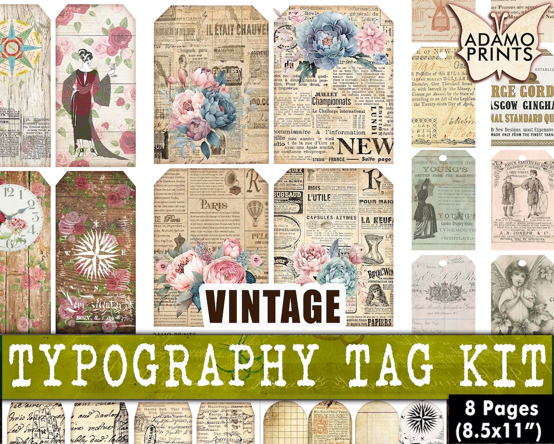 Vintage Typography Tags Kit, Digital Tag, Ephemera, Vintage Art ...