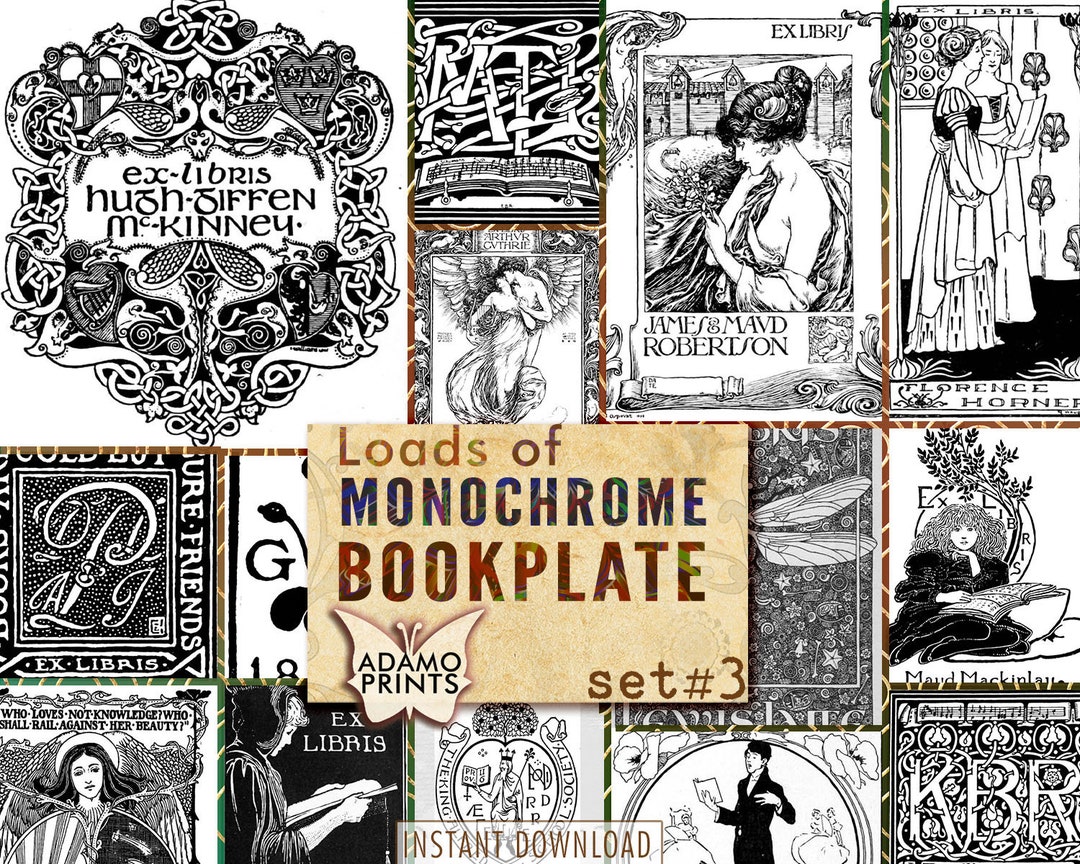 Loads of Monochrome Bookplate Set3, Printable Bookplates, Ephemera Kit ...