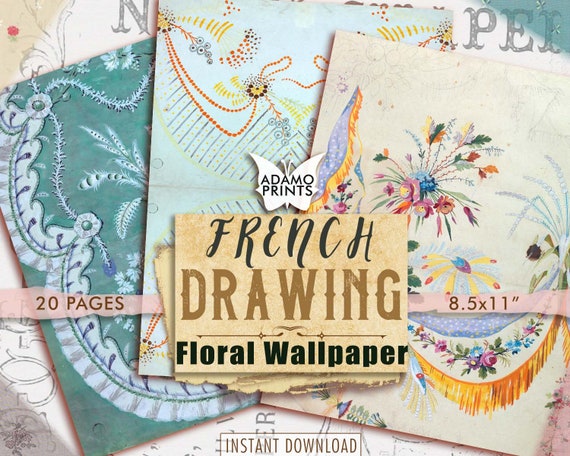 French Drawing Floral Wallpaper Paper Pattern Shabby Paper - Etsy