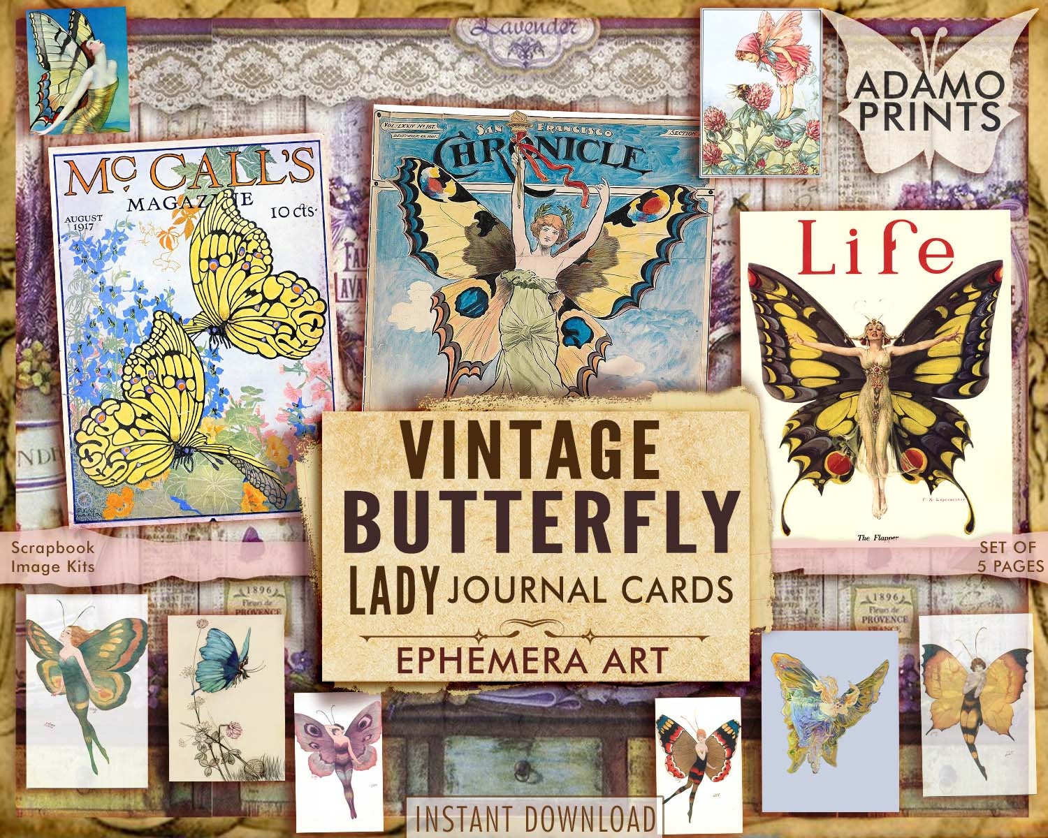 Vintage Butterfly Lady Journal Cards Women Digital Vintage | Etsy