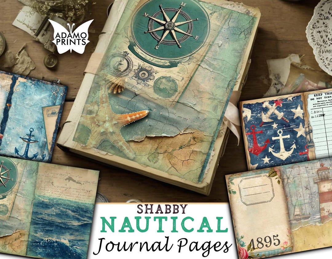 Shabby Nautical Journal Pages, Digital Paper, Vintage Grunge Faded ...