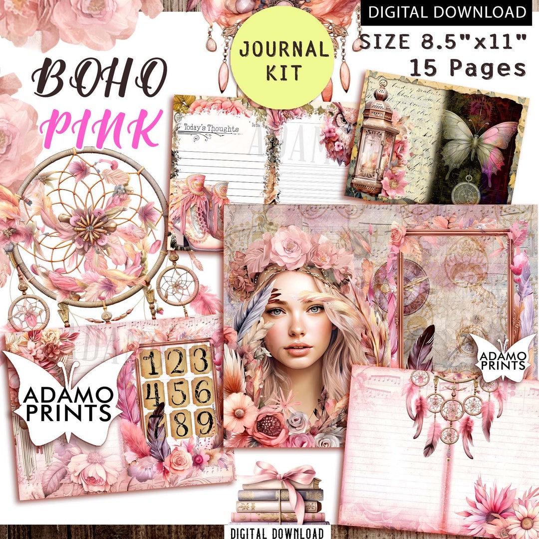 Magical Boho Pink Journal Kit, Pink Women Bohemian Collage Sheets Paper ...