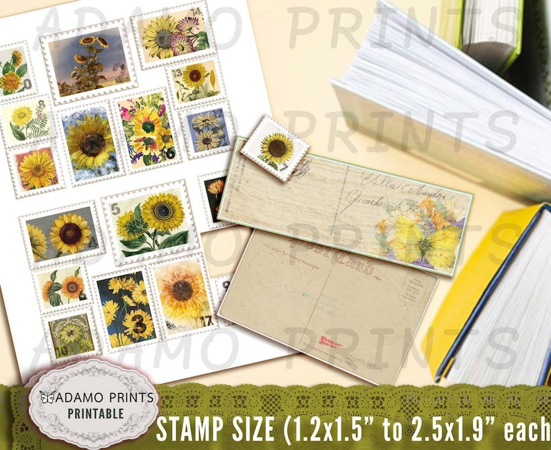 Sunflower Stamps, Faux, Sunflower Digital Kit, Ephemera, Collage ...