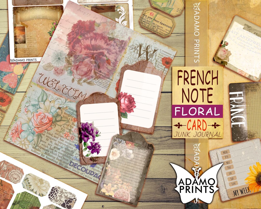 French Floral Note Card Set: Ephemera Journal, Printable Tags Card - Etsy