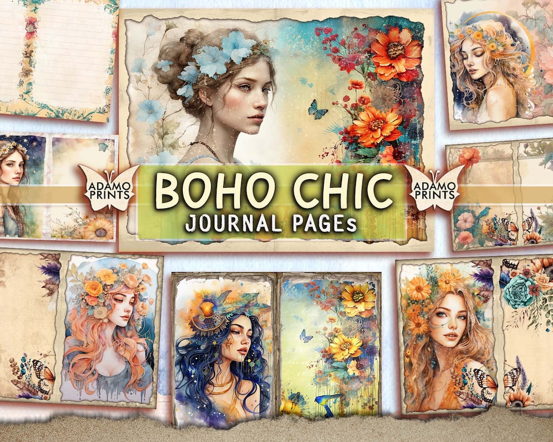 Boho Chic Journal Pages, Woman Bohemian Flower Junk Journal Kit, Boho ...